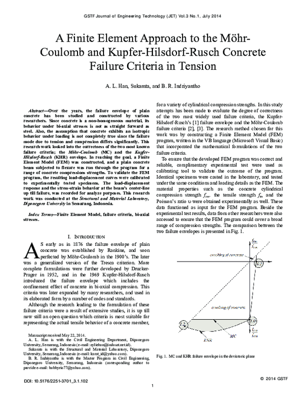 (PDF) A Finite Element Approach to the Mӧhr- Coulomb and Kupfer-Hilsdorf-Rusch Concrete Failure ...