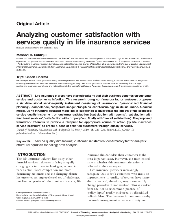 (PDF) Analyzing customer satisfaction with service quality in life ...