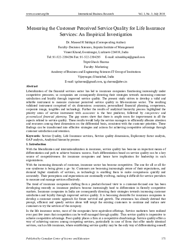 Pdf Measuring The Customer Perceived Service Quality For Life