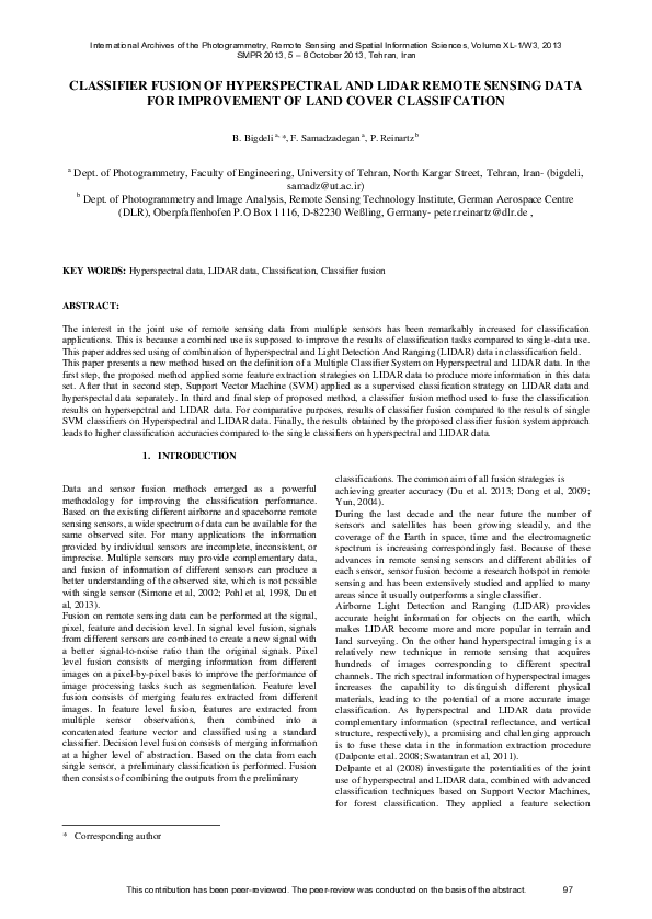 Pdf Classifier Fusion Of Hyperspectral And Lidar Remote Sensing Data