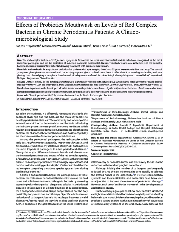 (PDF) Effects of Probiotics Mouthwash on Levels of Red Complex Bacteria ...