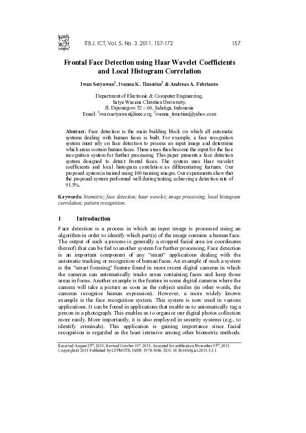 Pdf Frontal Face Detection Using Haar Wavelet Coefficients And Local Histogram Correlation