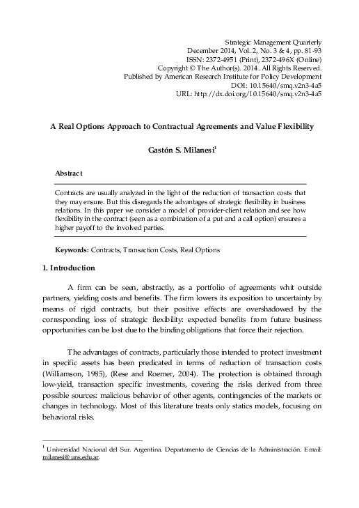 (PDF) A Real Options Approach to Contractual Agreements and Value ...
