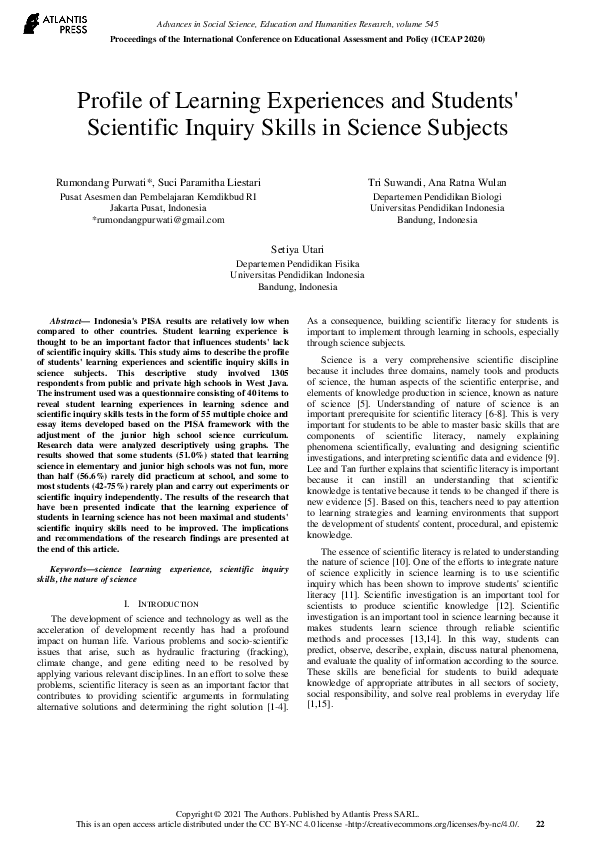 (PDF) Profile of Learning Experiences and Students’ Scientific Inquiry ...