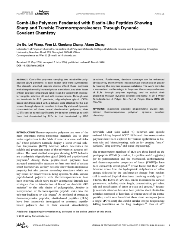 (PDF) Comb-like polymers pendanted with elastin-like peptides showing ...