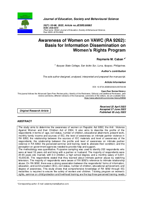 (PDF) Awareness of Women on VAWC (RA 9262): Basis for Information ...