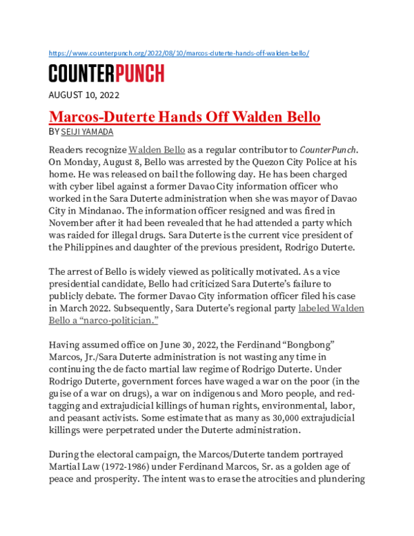 (PDF) Marcos-Duterte Hands Off Walden Bello