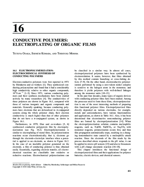 (PDF) Conductive Polymers: Electroplating of Organic Films