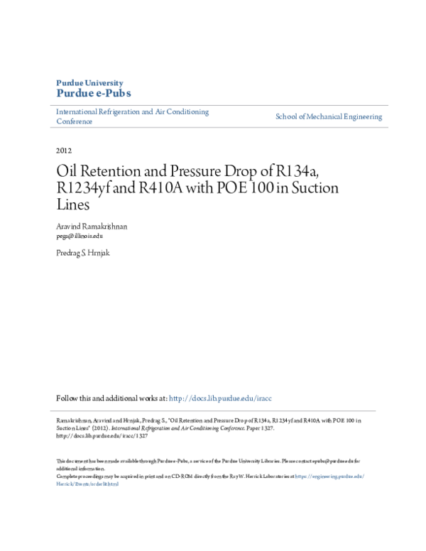(PDF) Oil Retention and Pressure Drop of R134a, R1234yf and R410A with ...