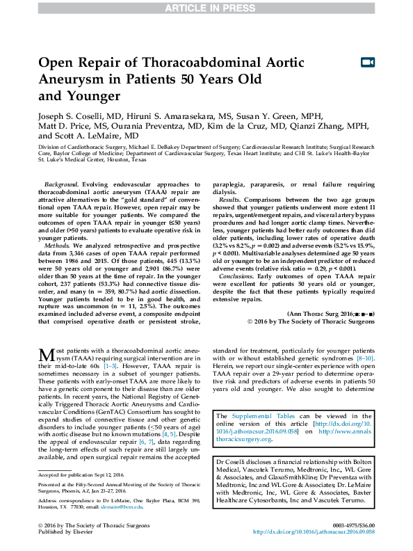 (PDF) Open Repair of Thoracoabdominal Aortic Aneurysm in the Modern ...