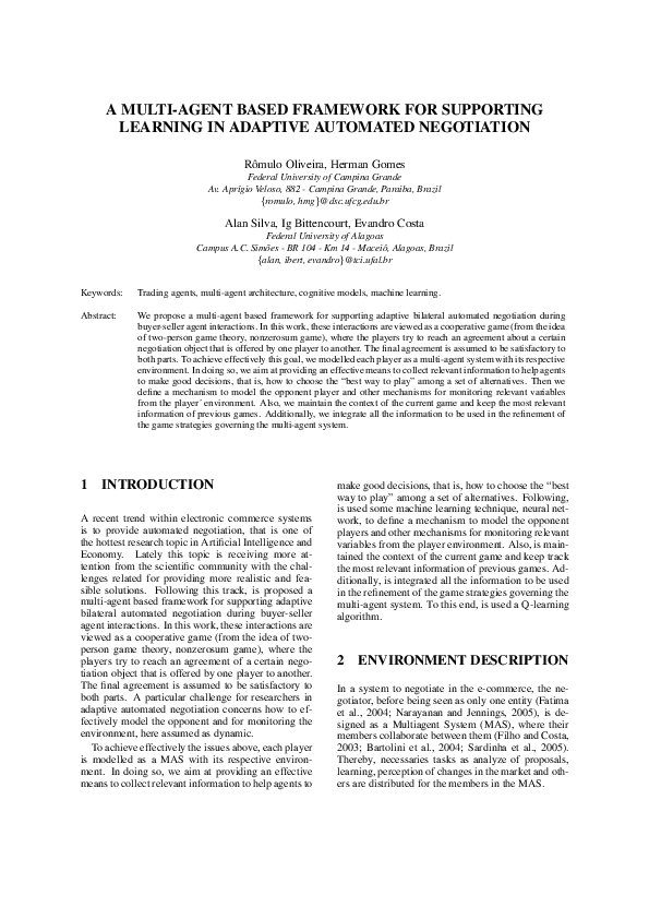 (PDF) A Multi-Agent Based Framework for Supporting Learning in Adaptive Automated Negotiation