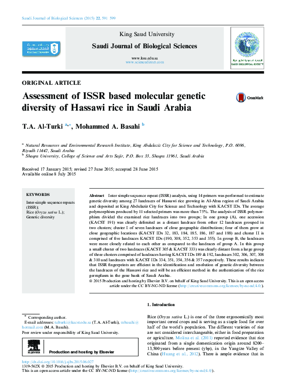 (PDF) Assessment of ISSR based molecular genetic diversity of Hassawi ...