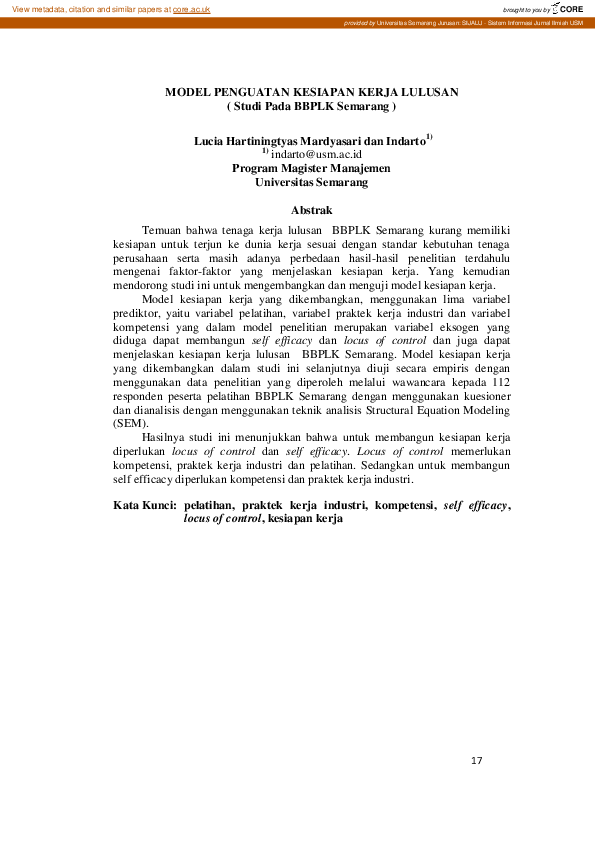 (PDF) MODEL PENGUATAN KESIAPAN KERJA LULUSAN ( Studi Pada BBPLK Semarang )