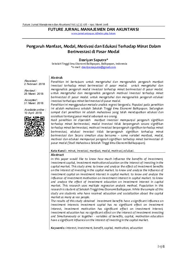 (PDF) Pengaruh Manfaat, Modal, Motivasi dan Edukasi Terhadap Minat ...