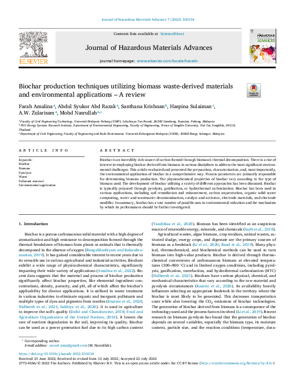 (PDF) Biochar production techniques utilizing biomass waste-derived materials and environmental ...