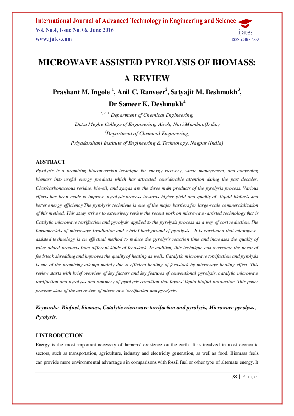 (PDF) Microwave Assisted Pyrolysis of Biomass: A Review