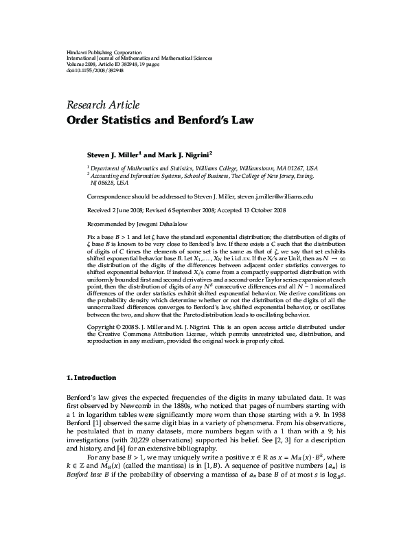 (PDF) Order Statistics and Benford's Law