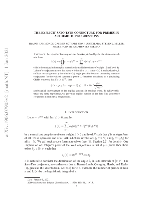 Pdf The Explicit Sato Tate Conjecture For Primes In Arithmetic