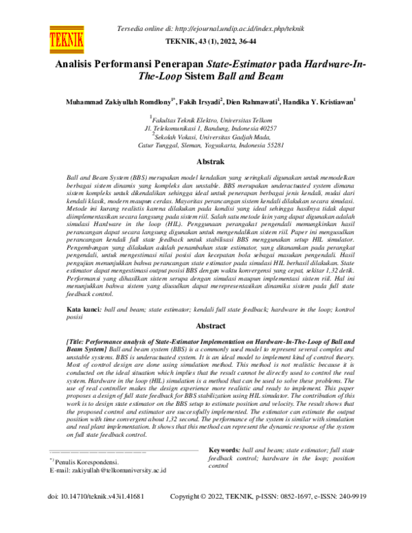 Pdf Performance Analysis Of State Estimator Implementation On Hardware In The Loop Of Ball And