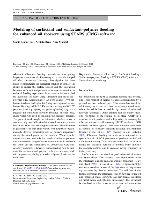 (PDF) Modeling of surfactant and surfactant–polymer flooding for enhanced oil recovery using ...