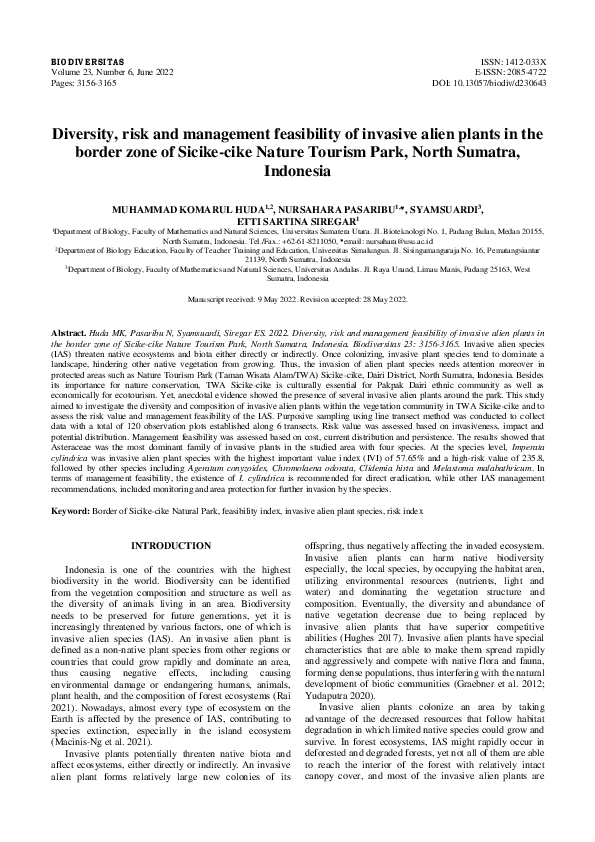 (PDF) Diversity, risk and management feasibility of invasive alien plants in the border zone of ...