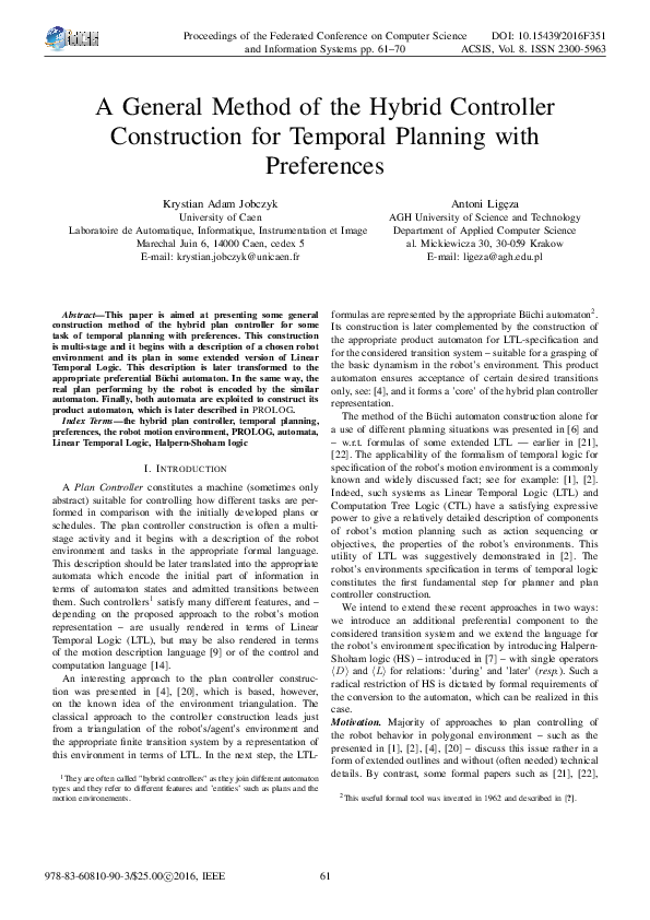 (PDF) A General Method of the Hybrid Controller Construction for Temporal Planning with Preferences
