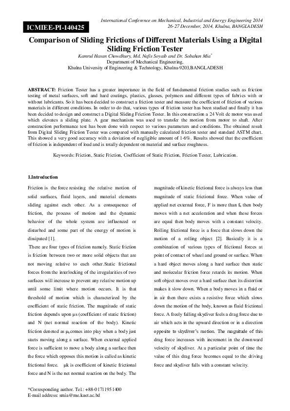 (PDF) Comparison of Sliding Frictions of Different Materials Using a ...