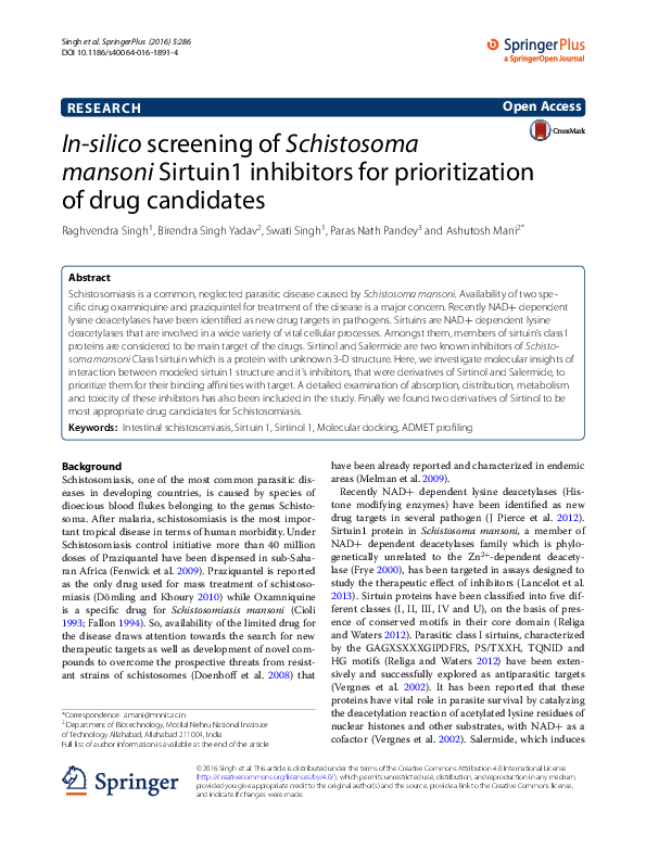 (PDF) In-silico screening of Schistosoma mansoni Sirtuin1 inhibitors ...