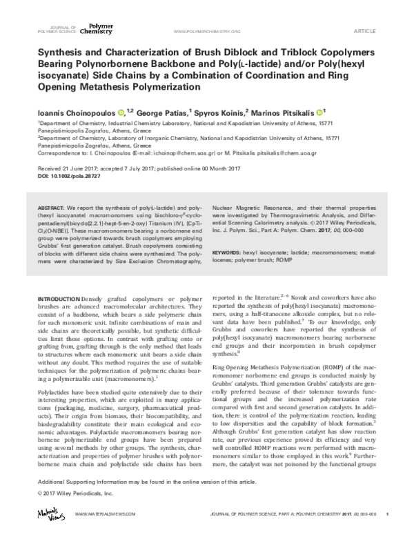 (PDF) Synthesis and characterization of brush diblock and triblock copolymers bearing ...