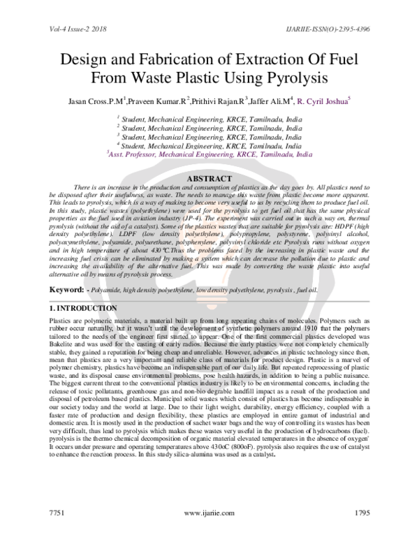 (PDF) Design and Fabrication of Extraction Of Fuel From Waste Plastic ...