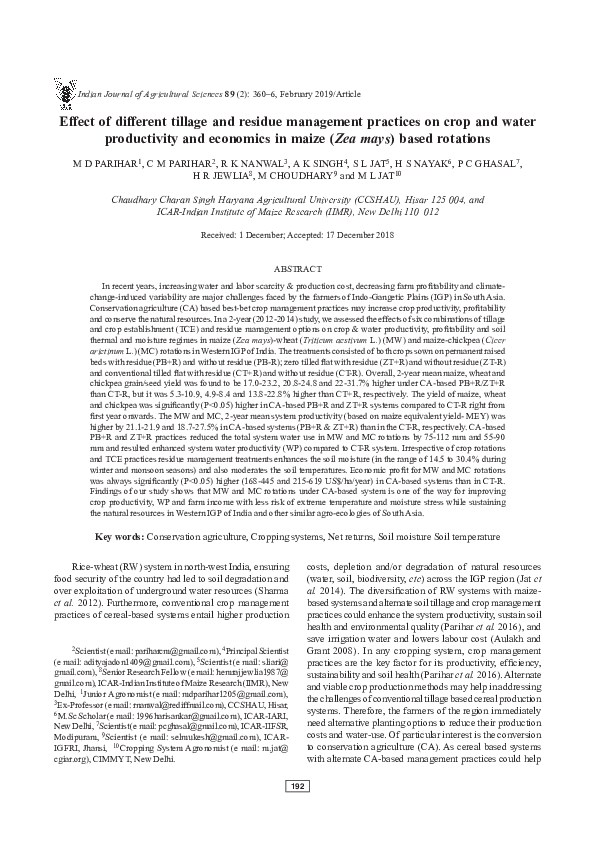 (PDF) Effect of different tillage and residue management practices on crop and water ...