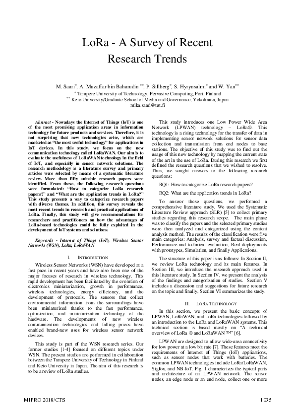 (PDF) LoRa — A survey of recent research trends