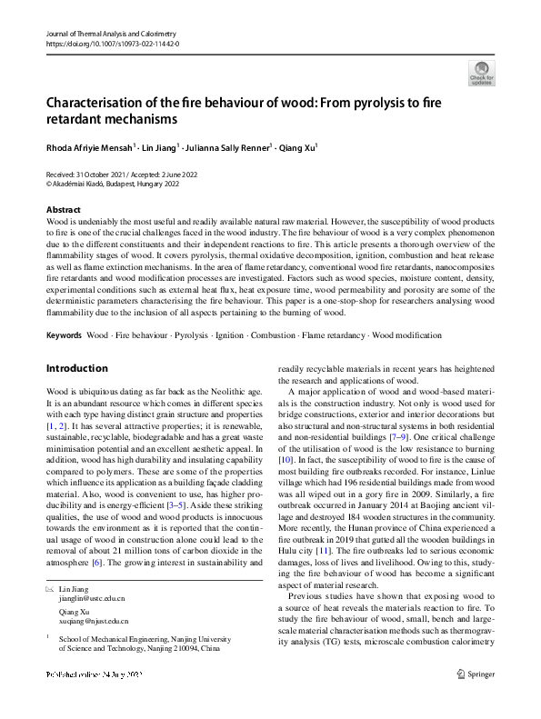 Pdf Characterisation Of The Fire Behaviour Of Wood From Pyrolysis To