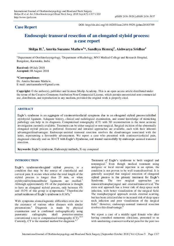 (PDF) Endoscopic transoral resection of an elongated styloid process: a ...