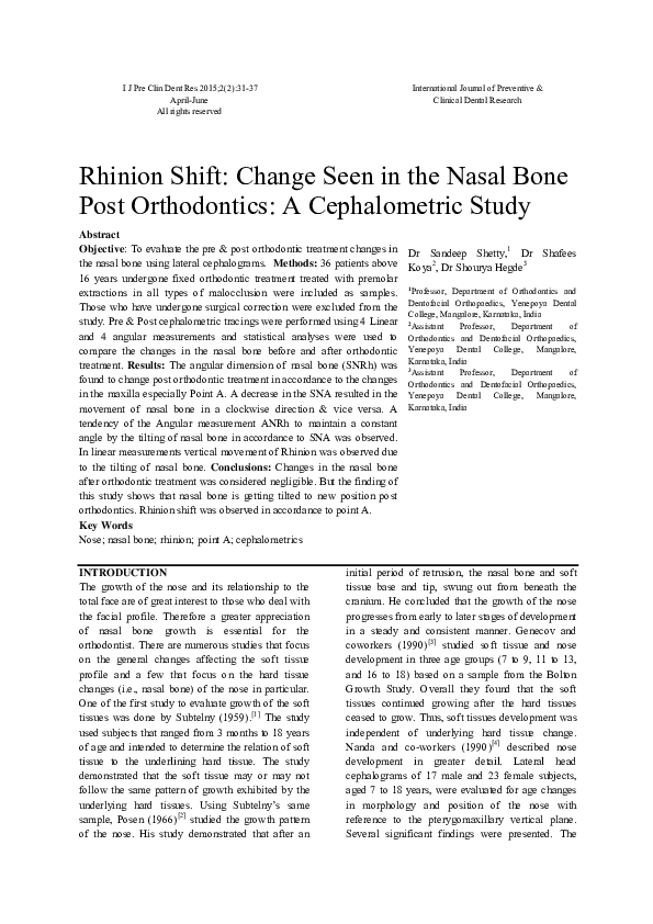 (PDF) Rhinion Shift: Change Seen in the Nasal Bone Post Orthodontics: A ...