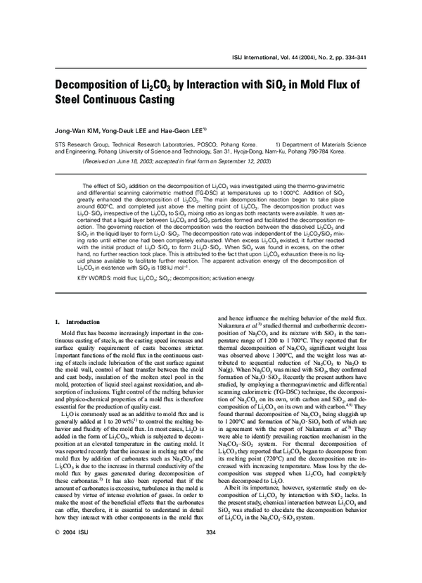 (PDF) Decomposition of Li2CO3 by Interaction with SiO2 in Mold Flux of ...