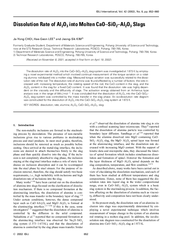 (PDF) Dissolution Rate of Al2O3 into Molten CaO-SiO2-Al2O3 Slags | Hae ...