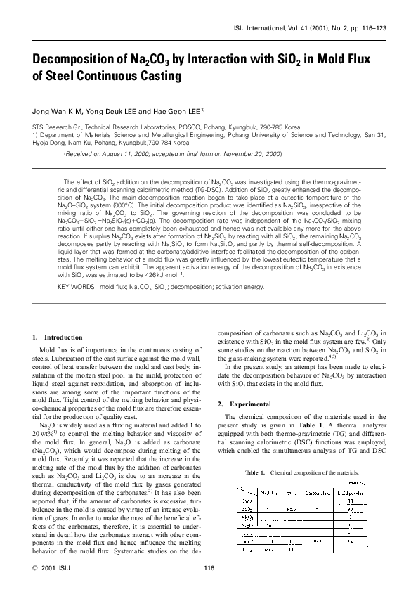(PDF) Decomposition of Na2CO3 by Interaction with SiO2 in Mold Flux of Steel Continuous Casting