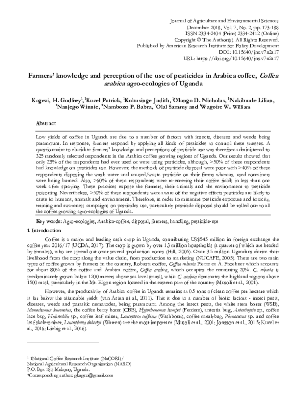(PDF) Farmers’ knowledge and perception of the use of pesticides in Arabica coffee, Coffea ...