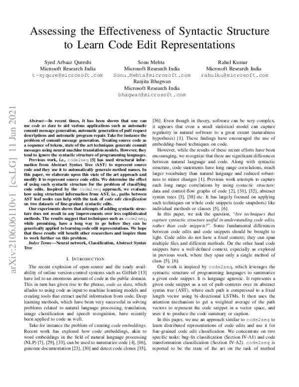 Pdf Using Syntactic Structures For Code Edit Classification