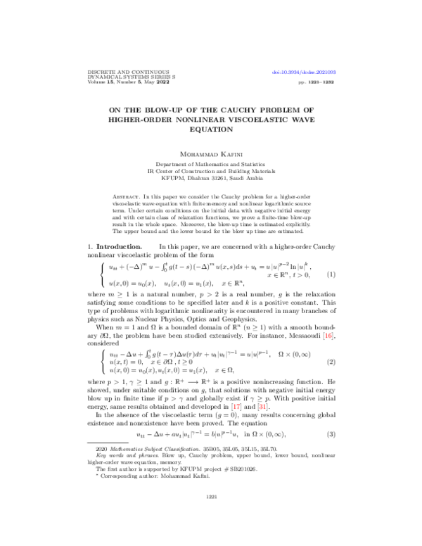 Pdf On The Blow Up Of The Cauchy Problem Of Higher Order Nonlinear Viscoelastic Wave Equation
