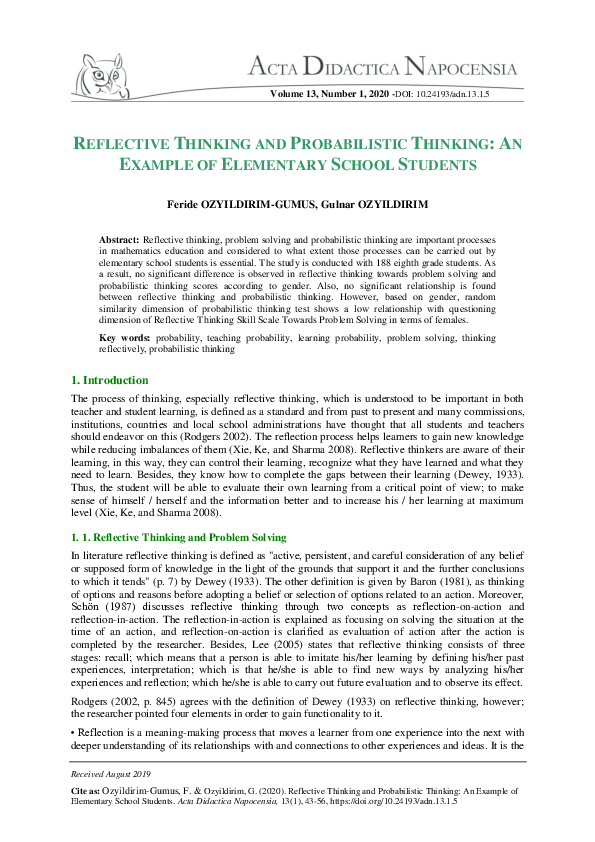 (PDF) Reflective Thinking and Probabilistic Thinking: An Example of Elementary School Students ...