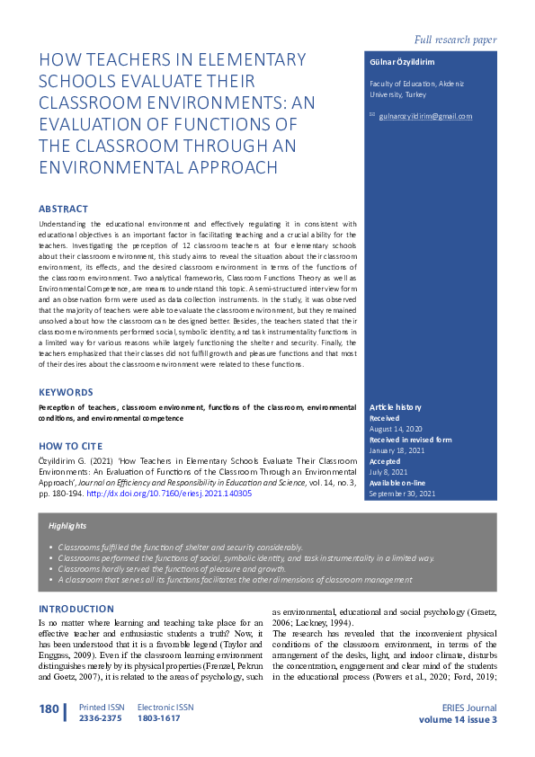 (PDF) How Teachers in Elementary Schools Evaluate Their Classroom ...