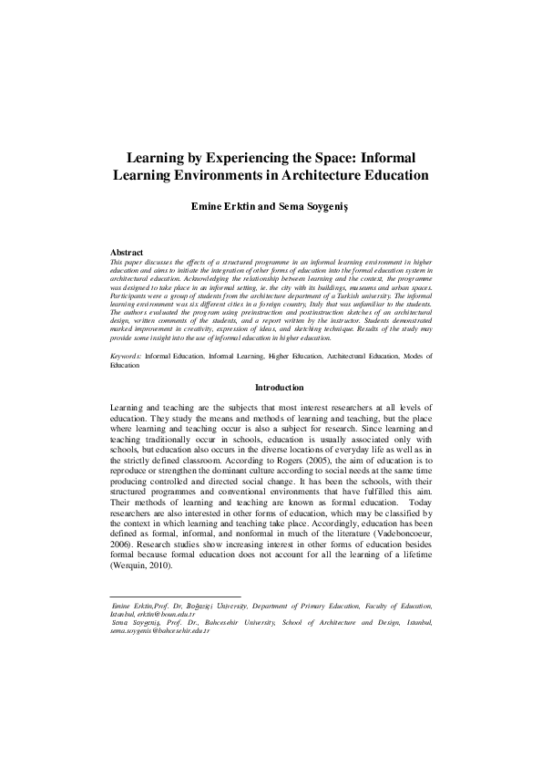 Learning by Experiencing the Space: Informal Learning Environments in Architecture Education