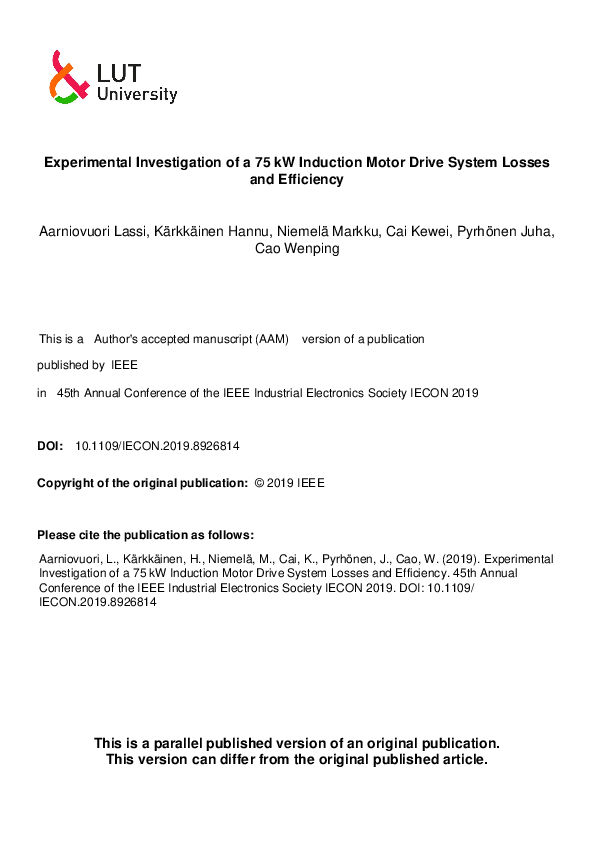 Pdf Experimental Investigation Of The Losses And Efficiency Of 75 Kw