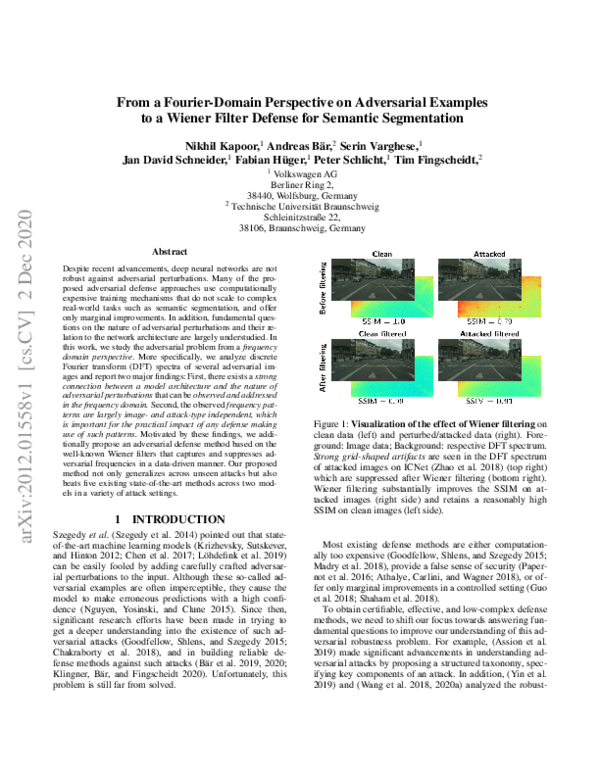 (PDF) From a Fourier-Domain Perspective on Adversarial Examples to a Wiener Filter Defense for ...