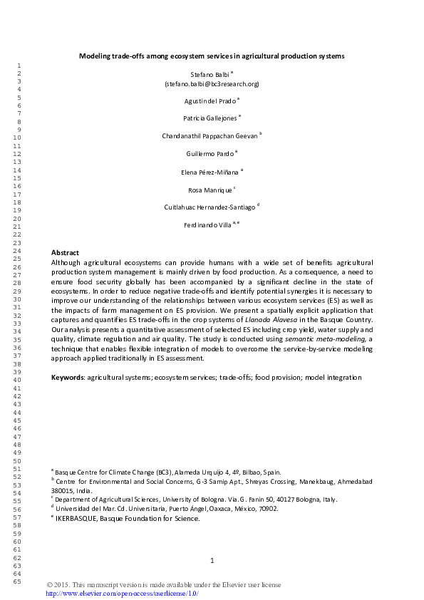 (PDF) Modeling trade-offs among ecosystem services in agricultural production systems | Rosa ...