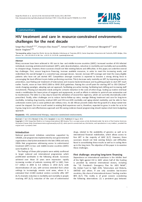 (PDF) HIV treatment and care in resource-constrained environments: challenges for the next decade