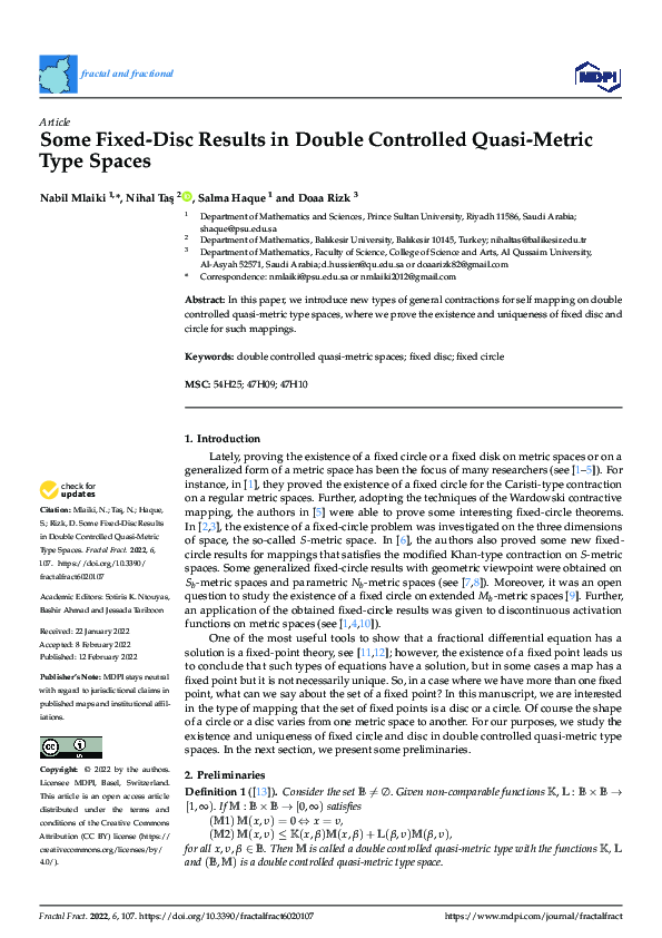 Pdf Some Fixed Disc Results In Double Controlled Quasi Metric Type Spaces