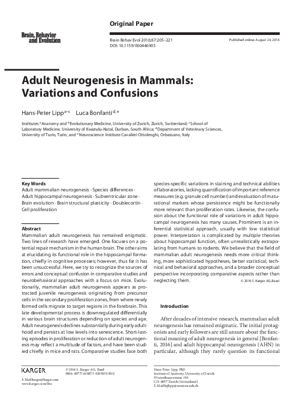 (PDF) Adult Neurogenesis in Mammals: Variations and Confusions